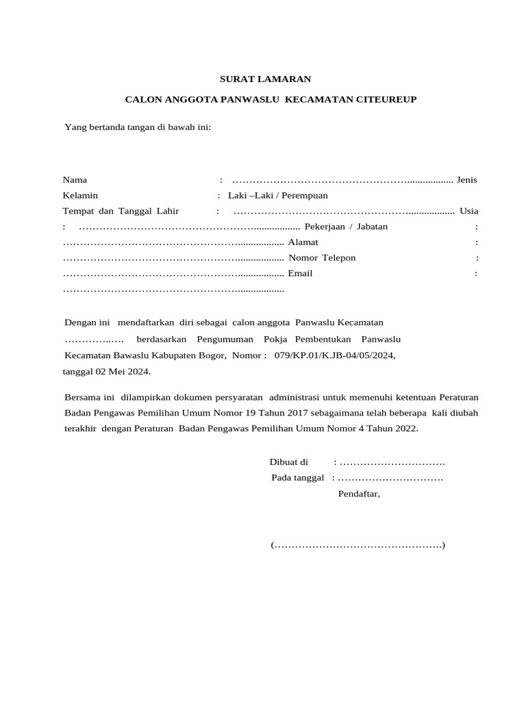 LAMP XI DAN XIa PEDOMAN PENDAFTAR BARU PANWASCAM PILKADA 2024 | PDF