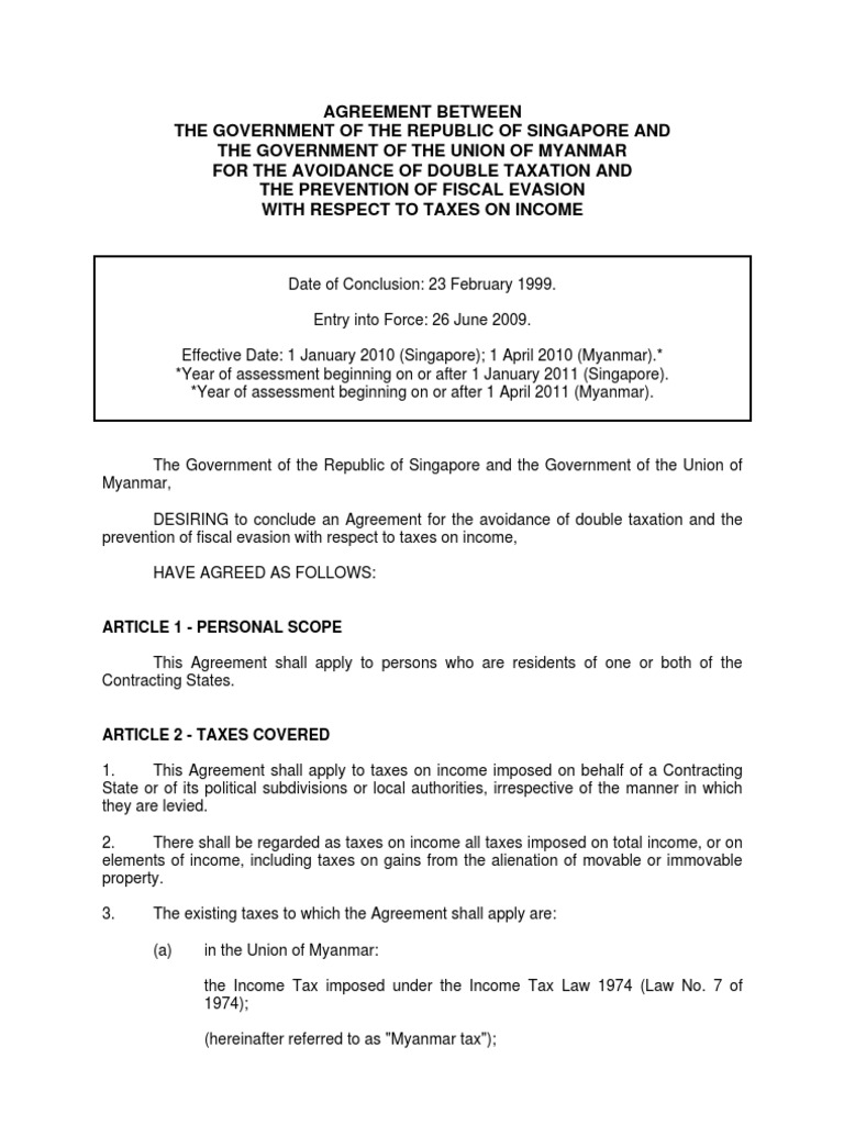 DTC Agreement Between Myanmar and Singapore | PDF