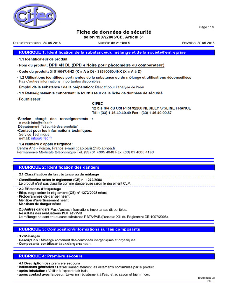 Fiche de Sécurité - FDS DPD 4 L | PDF