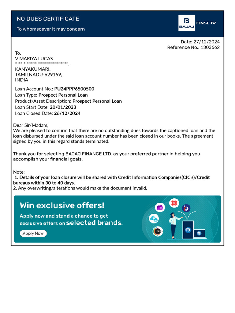 No Dues Certificate for Personal Loan | PDF | Financial Services