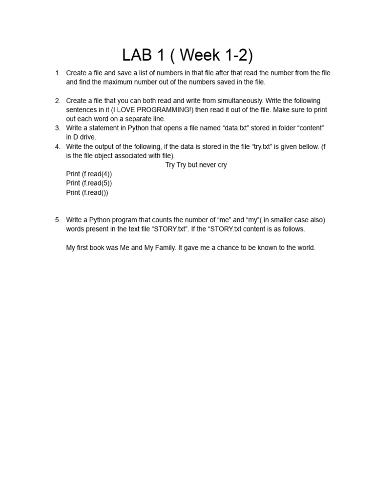 Python File Handling Lab Exercises | PDF