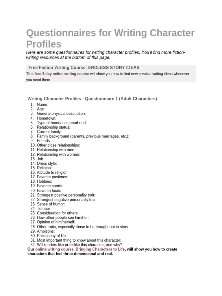 Questionnaires For Writing Character Profiles | PDF | Novels | Plot ...