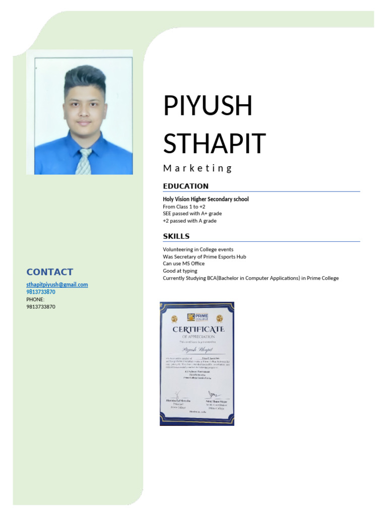Piyush Sthapit: BCA Student & Skills Profile | PDF