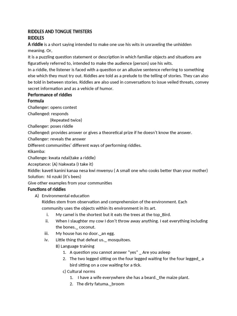 Riddles and Tongue Twisters | PDF | Songs | Reading Comprehension