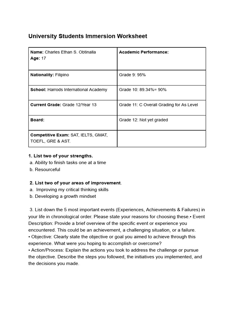 University Students Immersion Worksheet | PDF | Psychological ...