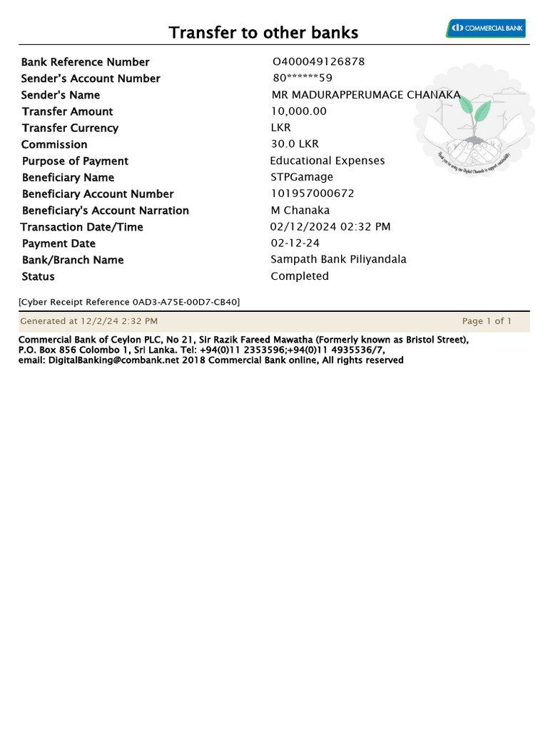 Cyber Transfer Receipt for Education | PDF
