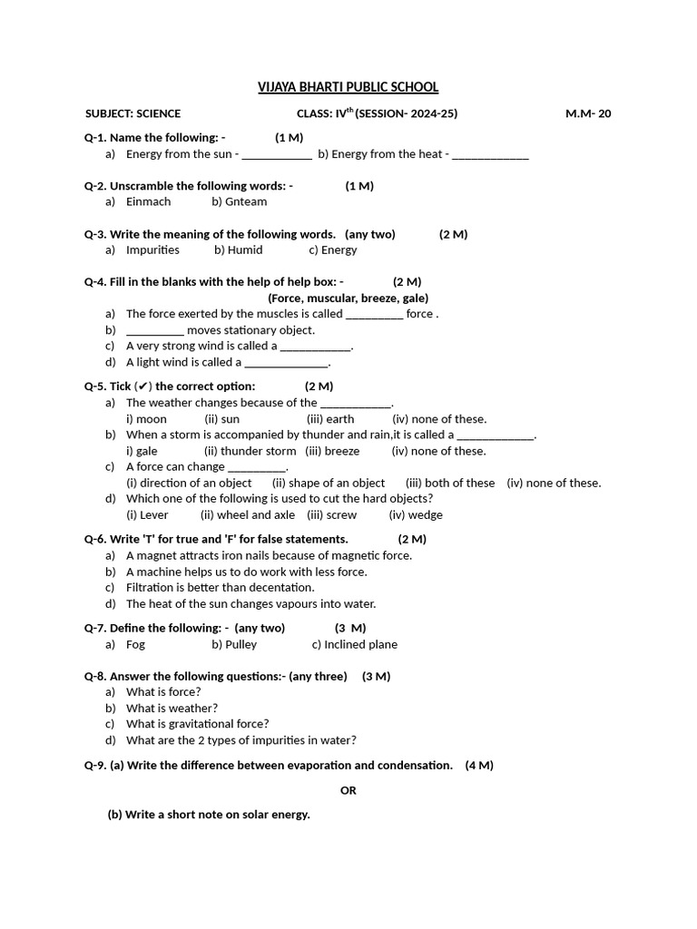 Class IV Science Worksheet 2024-25 | PDF