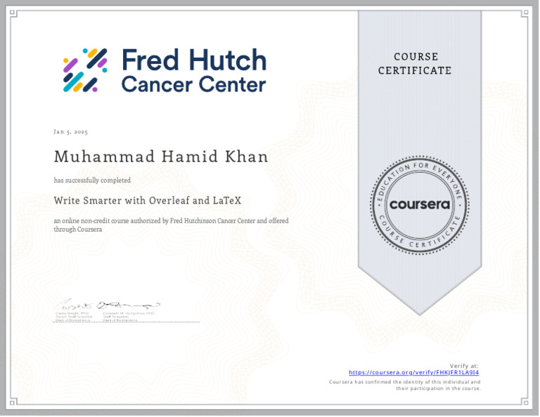 Overleaf Latex Coursera Course Certificate | PDF