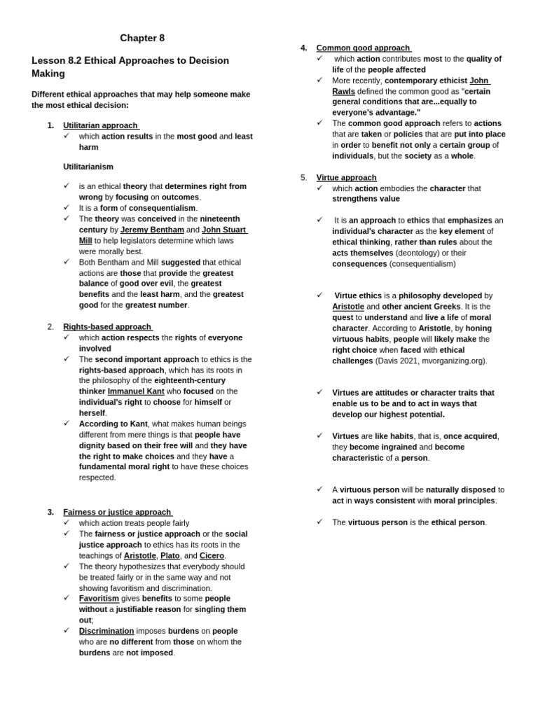 Chapter 8 Lesson 2 Summary - Copy 1 | PDF | Virtue Ethics | Utilitarianism