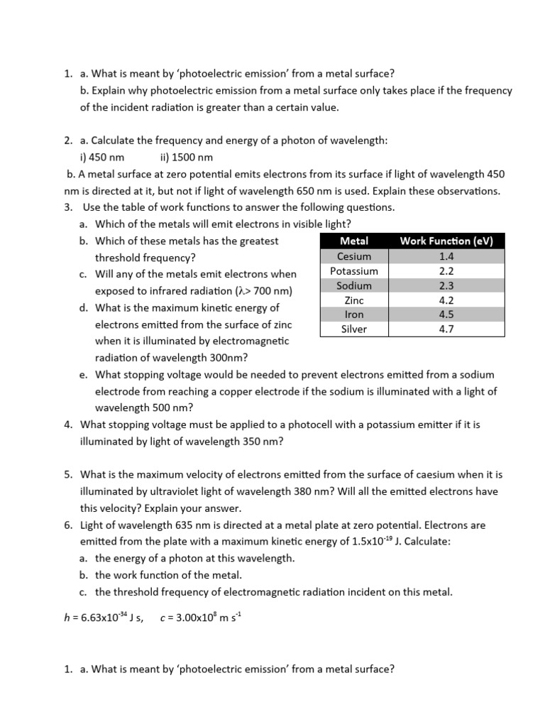Photoelectric HW Qs | PDF | Photoelectric Effect | Emission Spectrum