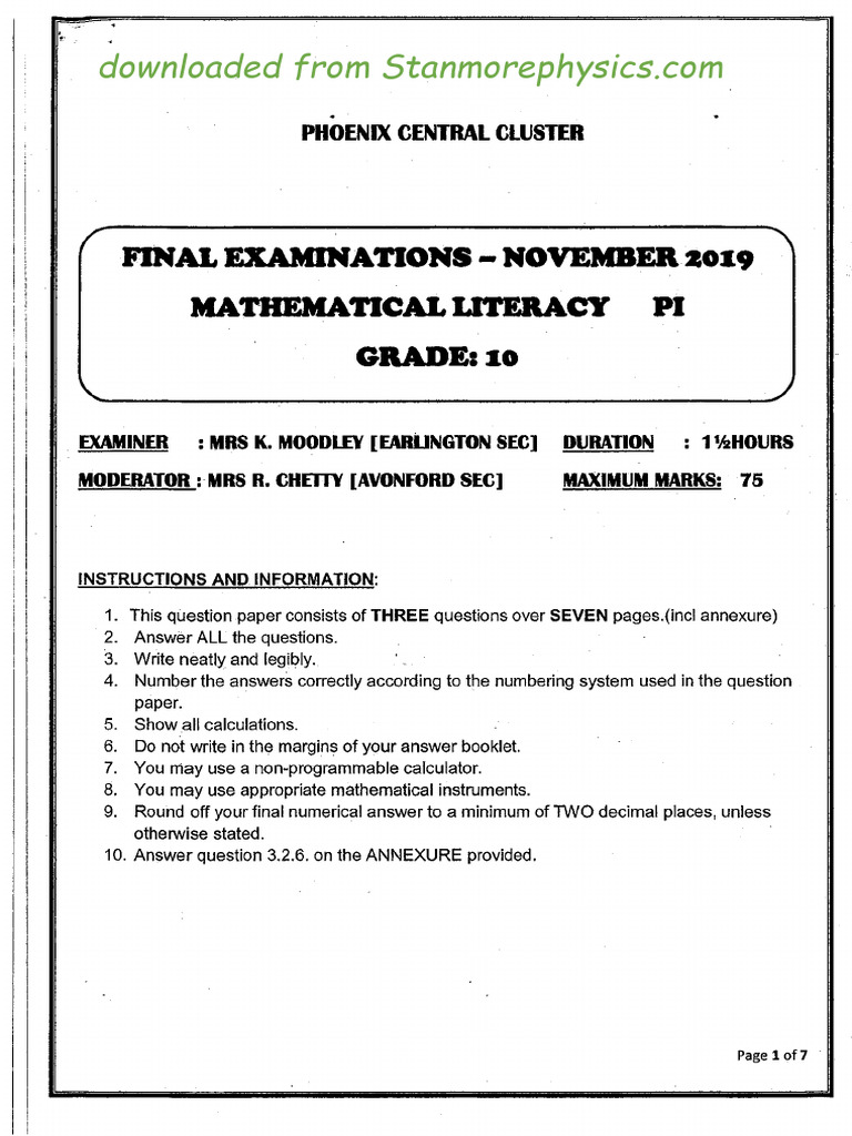 NOV 2019 Maths Lit GR 10 P1 MEMO | PDF