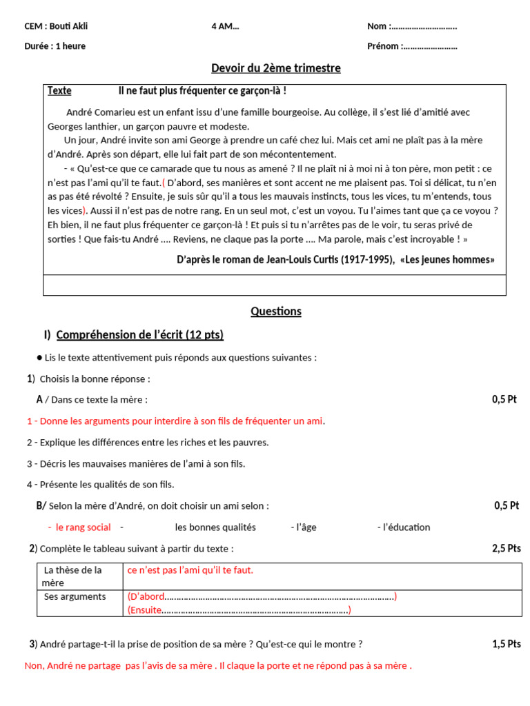 Sujet français 4AM : texte argumentatif | PDF