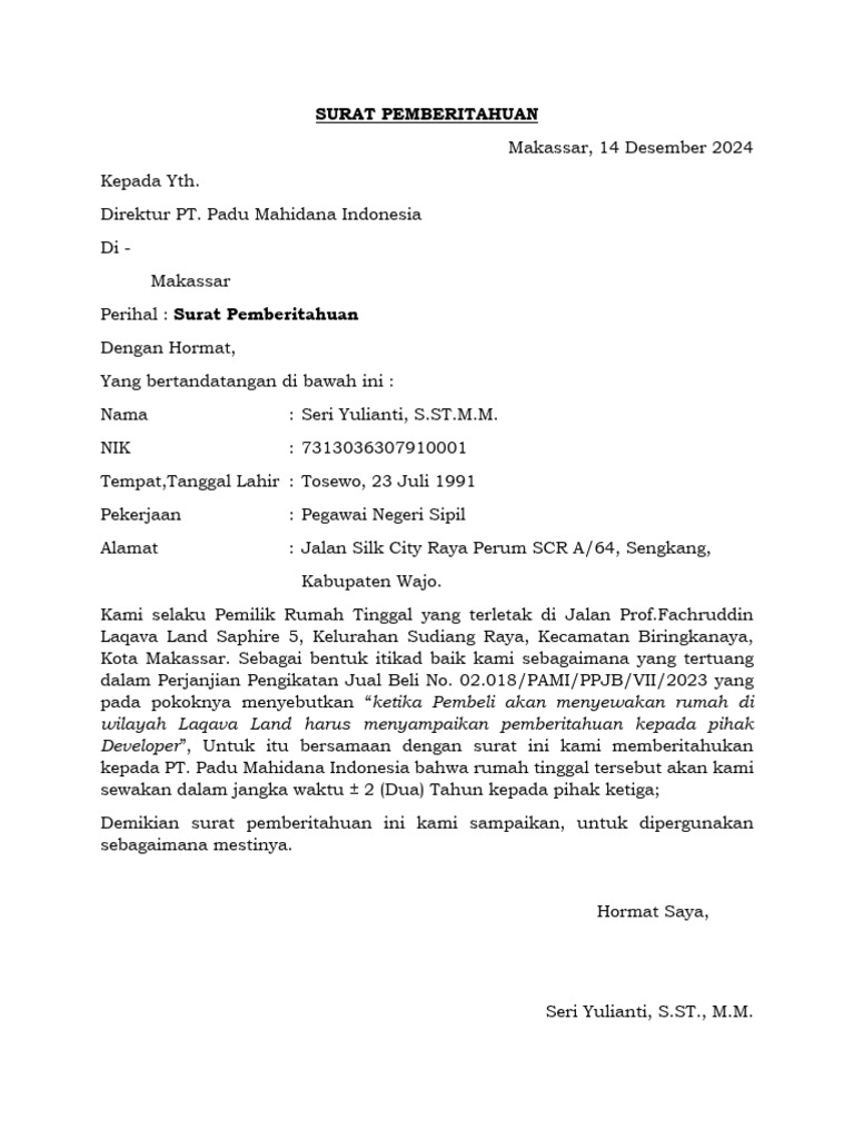 Surat Pemberitahuan Ke Developer | PDF