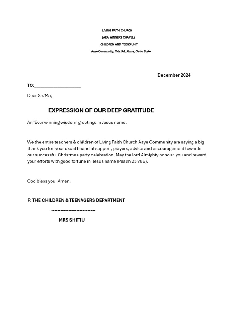 Appreciation Letter From The Children and Teenagers Department | PDF