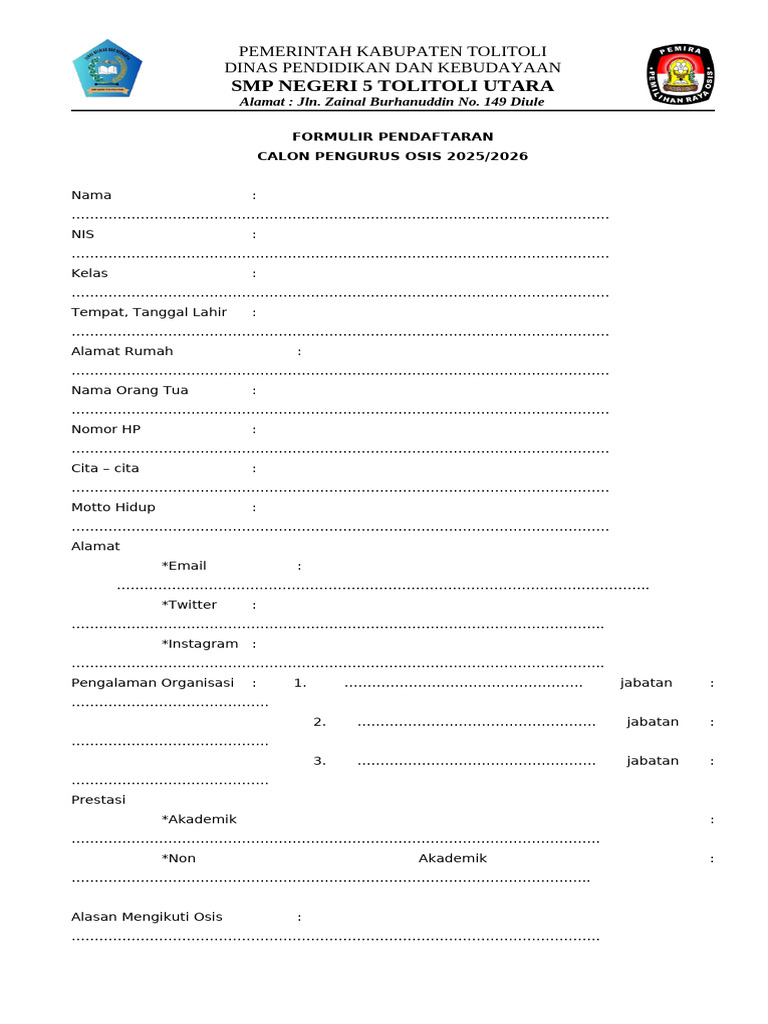 Formulir Pendaftaran Osis 2025 2026 | PDF