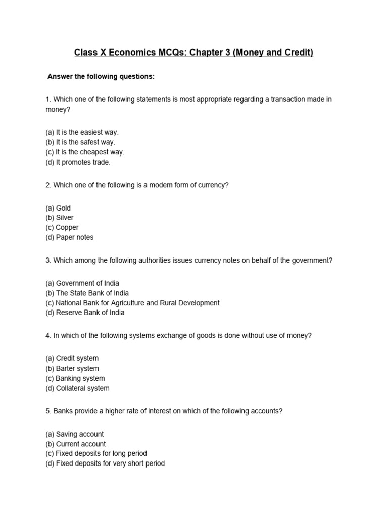99 Class X Economics Chapter 3 Money and Credit MCQ Questions | PDF | Money | Banks