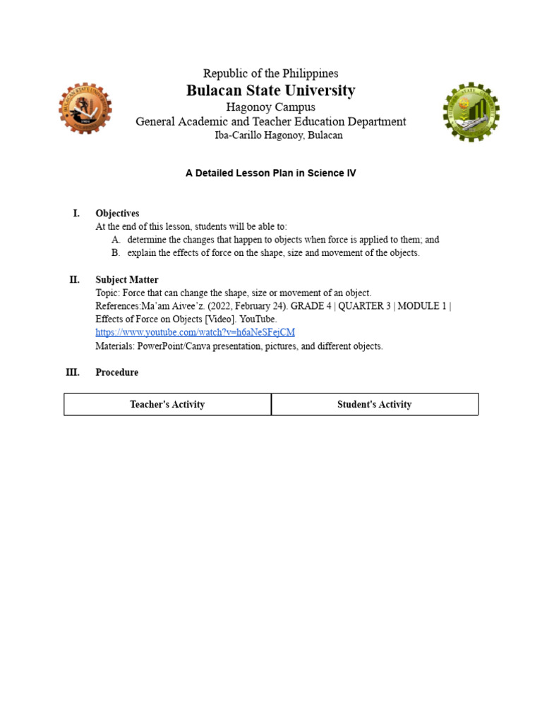 A Detailed Lesson Plan in Science | PDF | Force