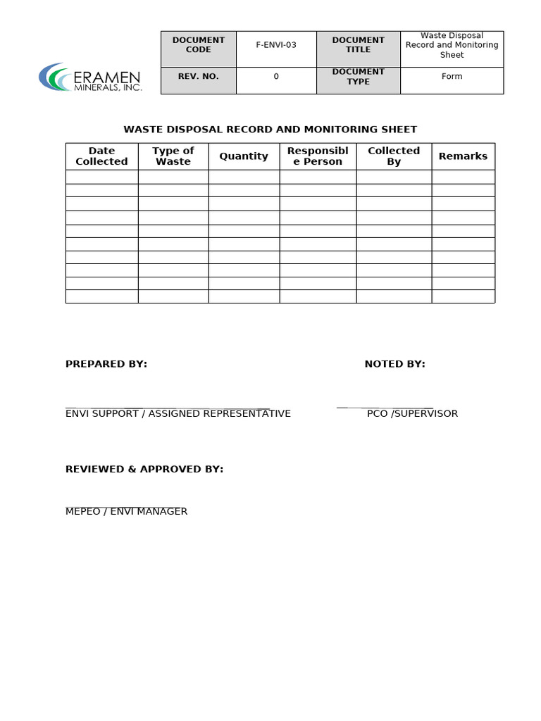 Waste Disposal Monitoring Sheet | PDF