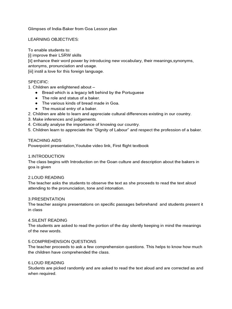 Baker From Goa Lesson Plan | PDF