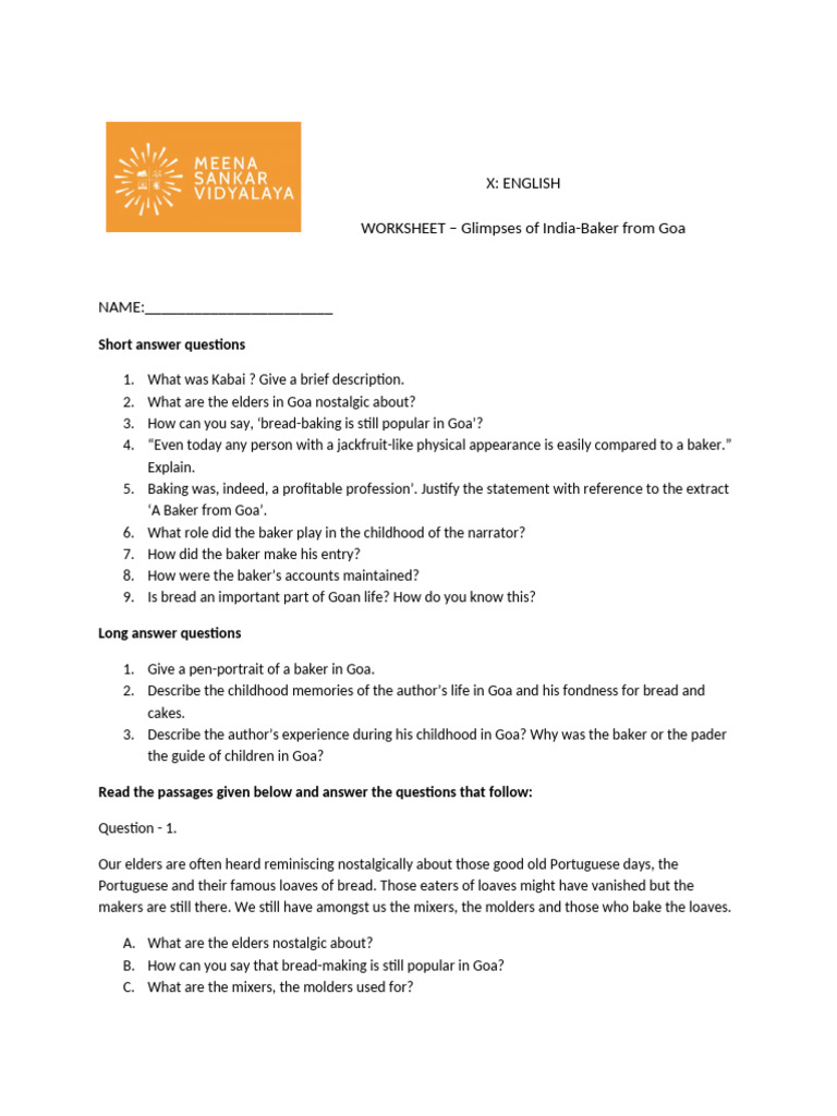 Questions on "A Baker from Goa" | PDF