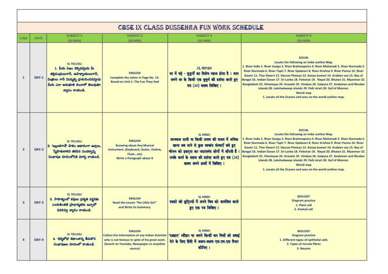 Dussehra Fun Work Schedule for IX Class | PDF