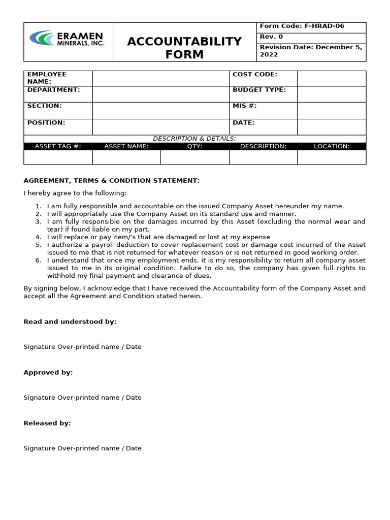 Employee Asset Accountability Form | PDF