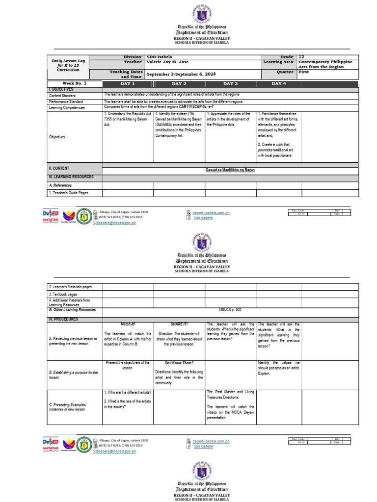 2024 Daily Lesson Log in Contemporary Philippine Arts From The Region ...