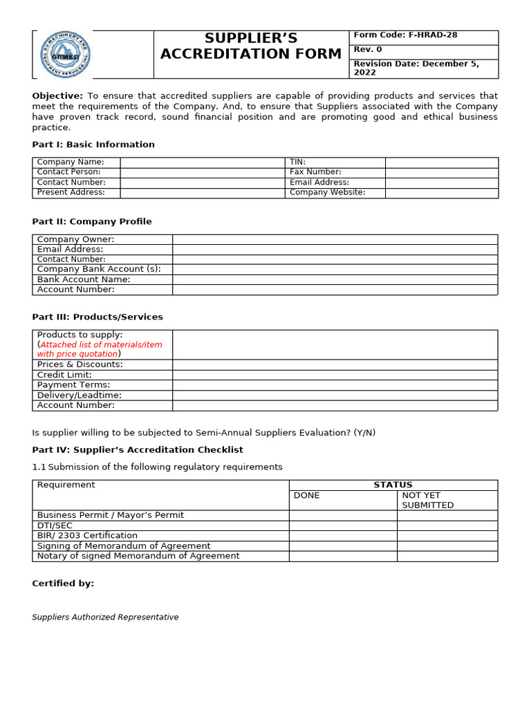 F-HRAD-28 SUPPLIERS ACCREDITATION FORM - Gii | PDF | Business