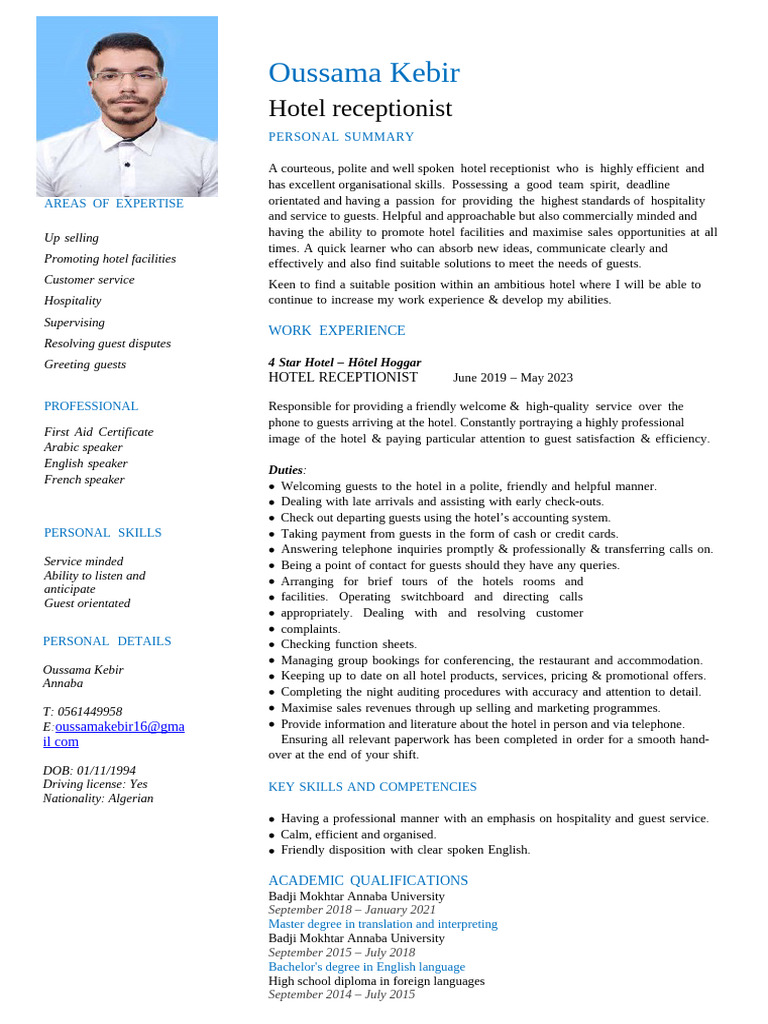 Hotel Receptionist CV - Oussama Kebir | PDF