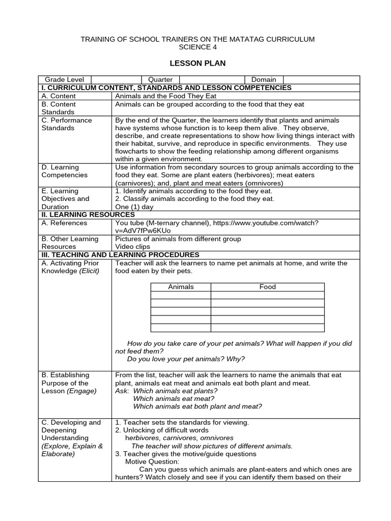 Lesson Plan Science 4 Matatag | PDF | Learning | Foods