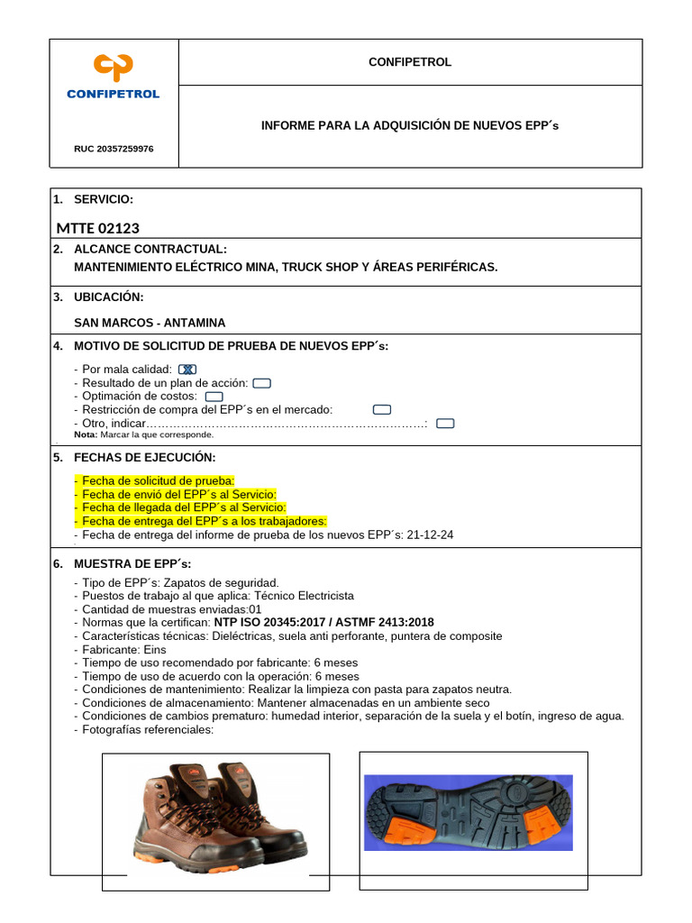 Informe para la adquisición de nuevos EPP´s ZAPATOS DE SEGURIDAD | PDF