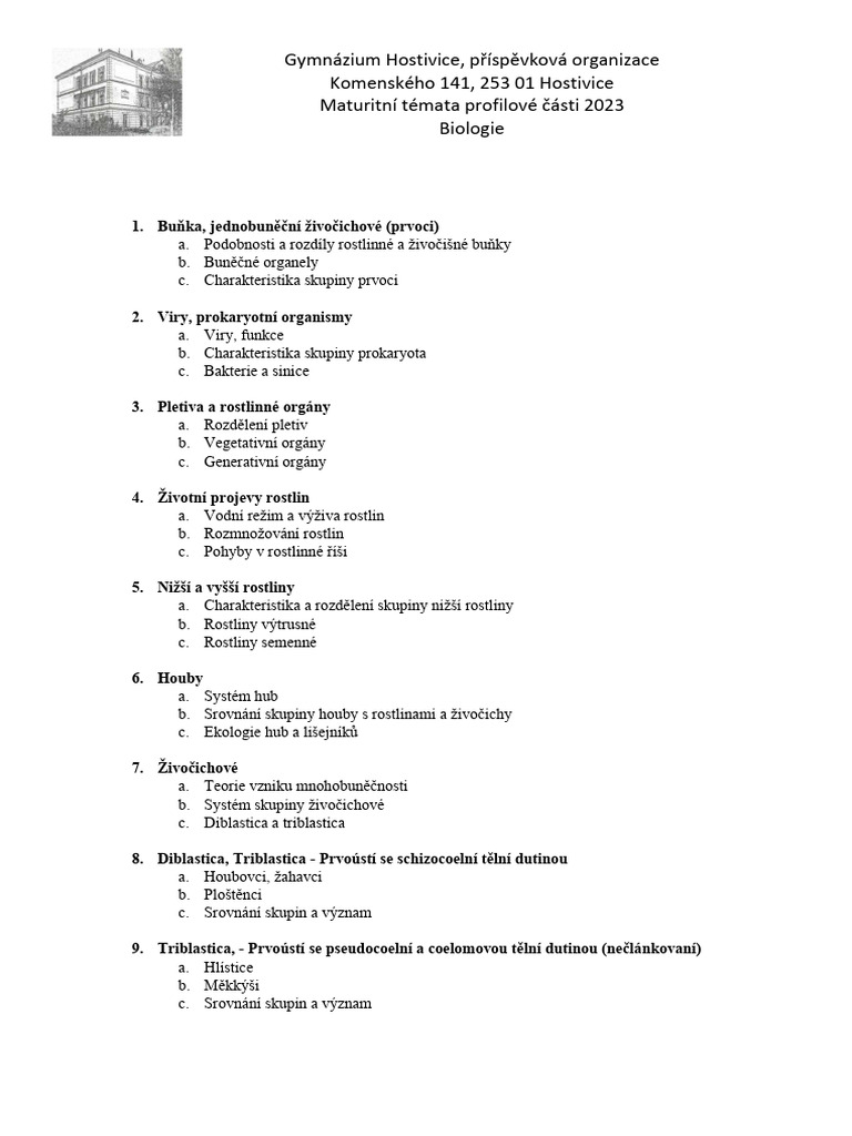 BIO - Maturitní Otázky - Gymnázium Hostivice | PDF