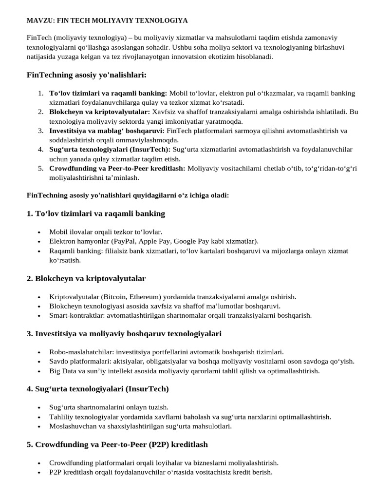Fin Tech Moliyaviy Texnologiya | PDF