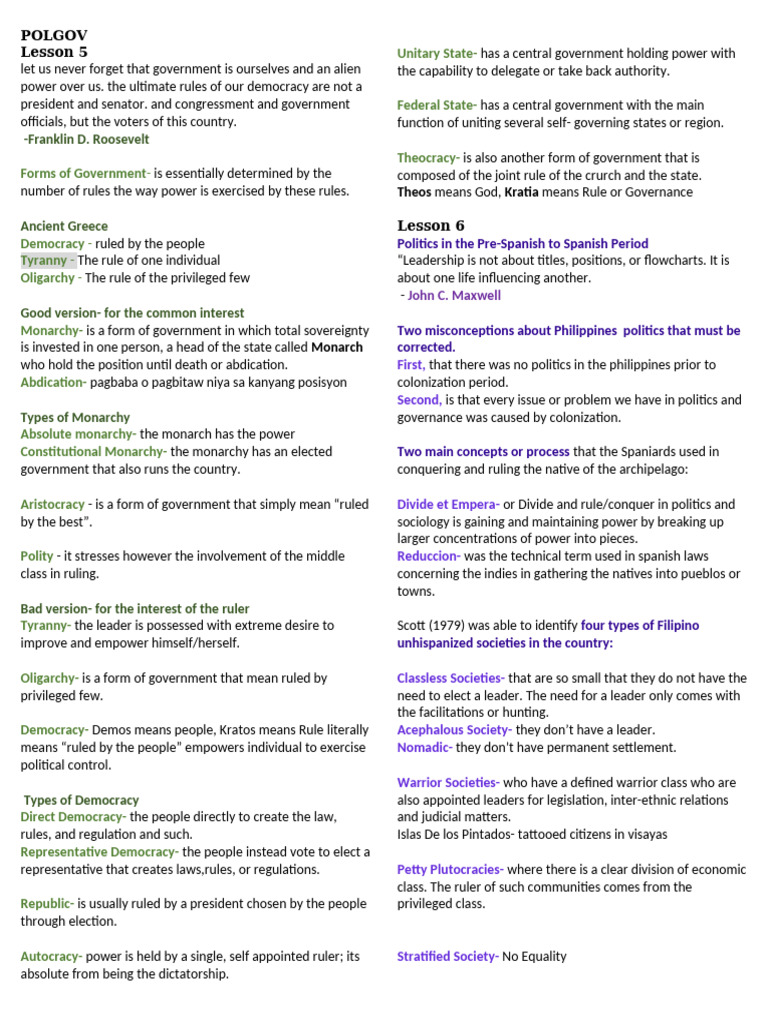 POLGOV REVIEWER by Abibe | PDF | Government | Democracy