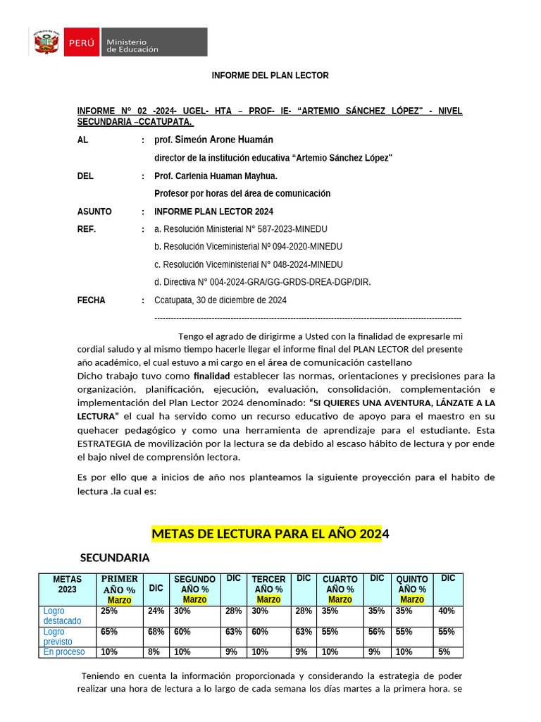 Informe de Plan Lector Final | PDF | Biblioteca escolar | Enseñando
