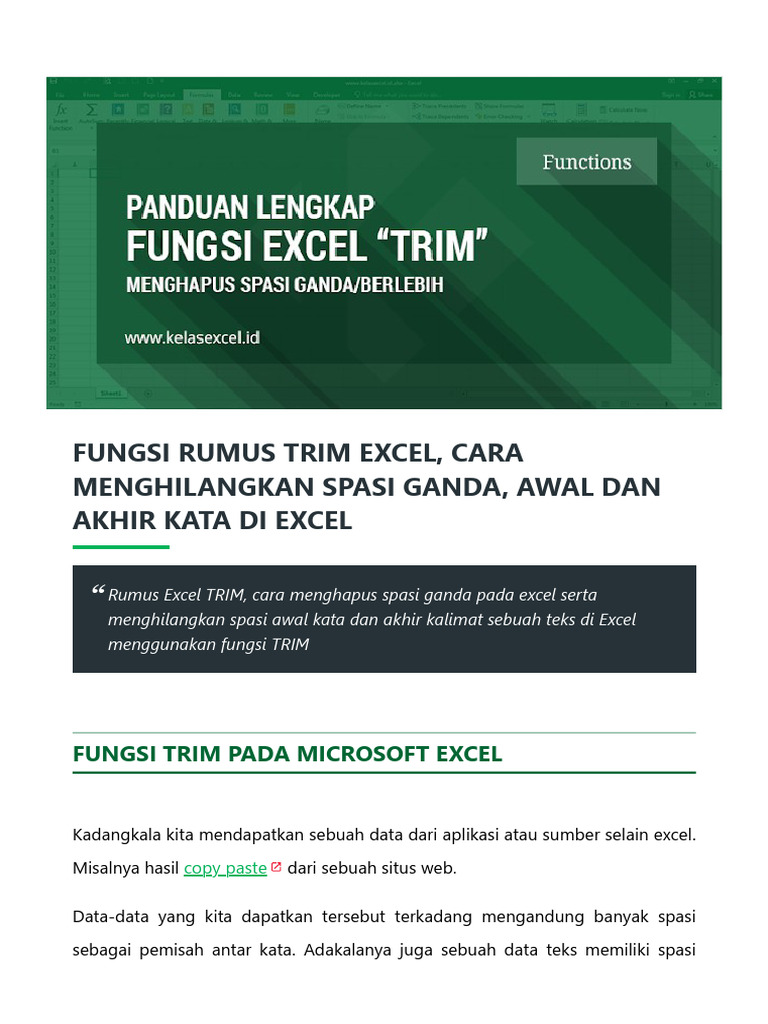 Fungsi Rumus TRIM Excel, Cara Menghilangkan Spasi Ganda, Awal dan Akhir Kata Di Excel | PDF