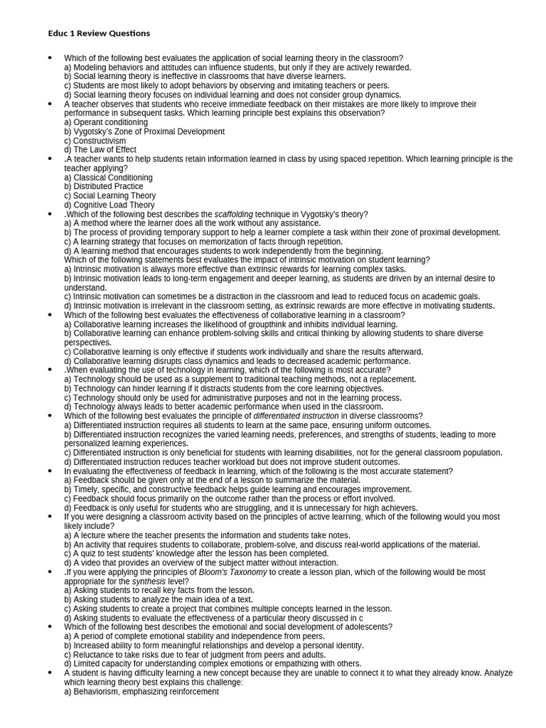 Educ 1 Review Questions 2024 | PDF | Learning | Learning Theory (Education)