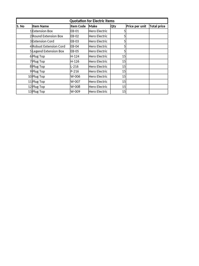 Quotation Required For Electric Items | PDF