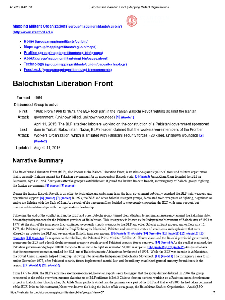 2.balochistan Liberation Front - Mapping Militant Organizations | PDF ...