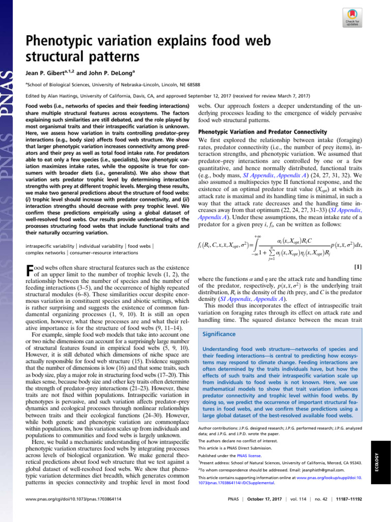 Delong Gibert 2017 Phenotypic Variation Explains Food Web Structural Patterns | PDF | Food Web ...