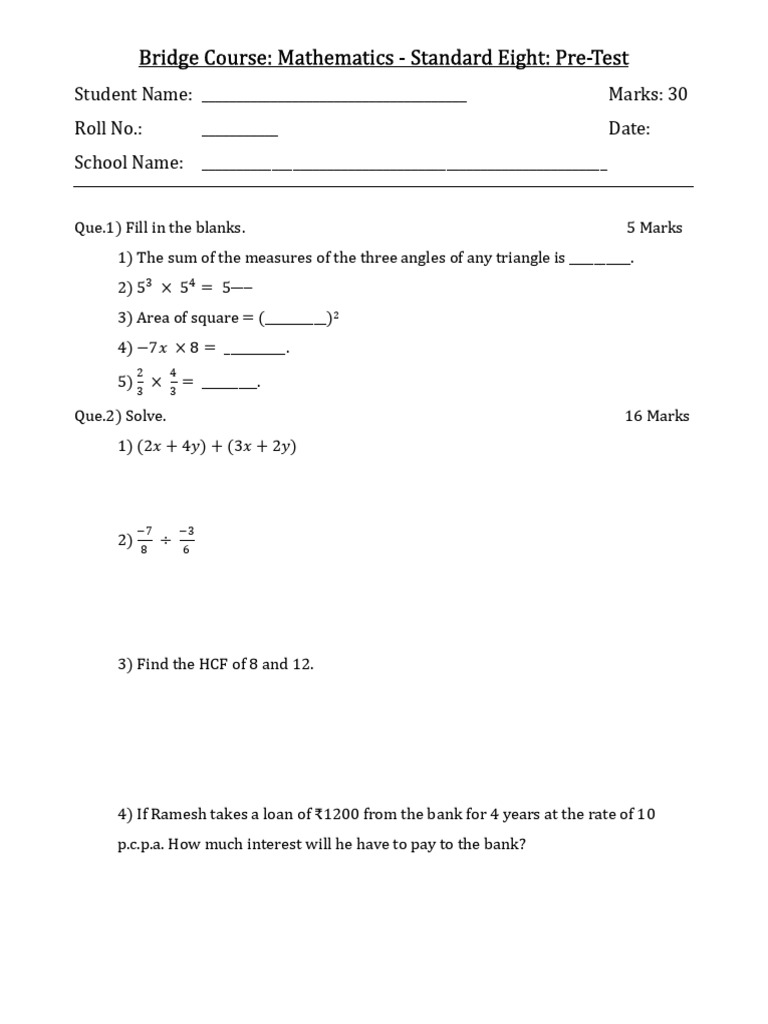 8th Maths Pre Test Bridge Course | PDF | Mathematics | Euclidean Geometry