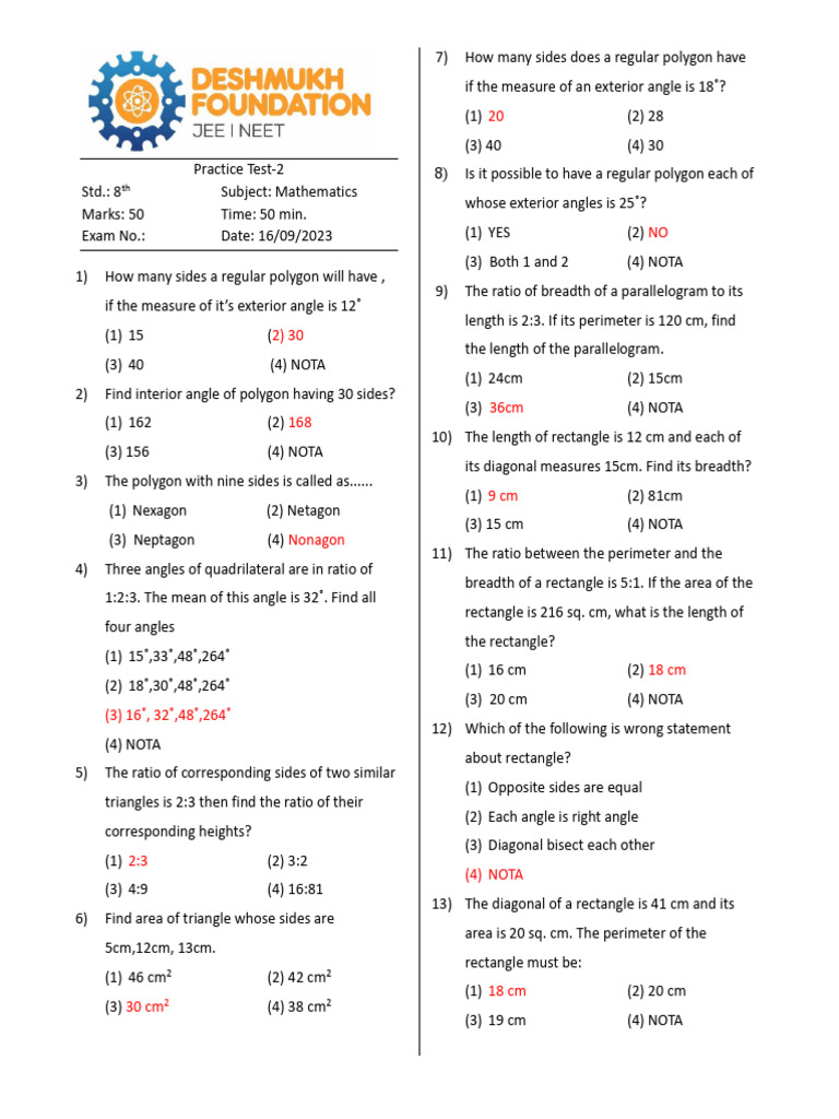 8th Grade Math Practice Test | PDF | Rectangle | Area