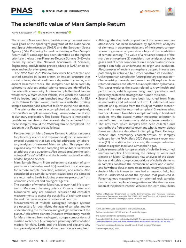 Mcsween Thiemens 2025 The Scientific Value of Mars Sample Return | PDF ...