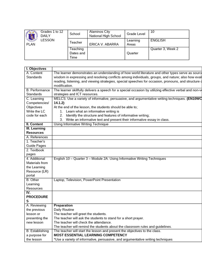 Grade 10 Informative Writing Lesson Plan | PDF | Essays | Learning