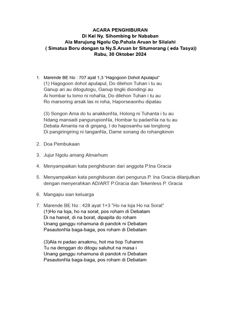 Acara Penghiburan di Kel. Sihombing | PDF