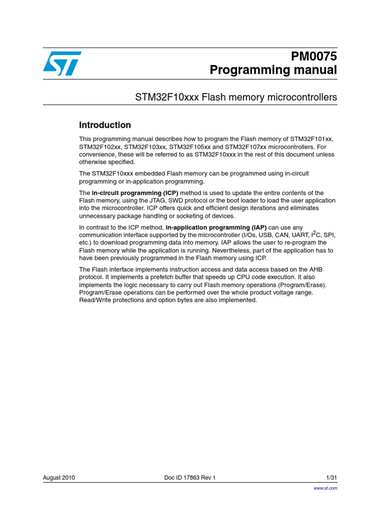 PM0075 Programming Manual: STM32F10xxx Flash Memory Microcontrollers | PDF | Technology ...