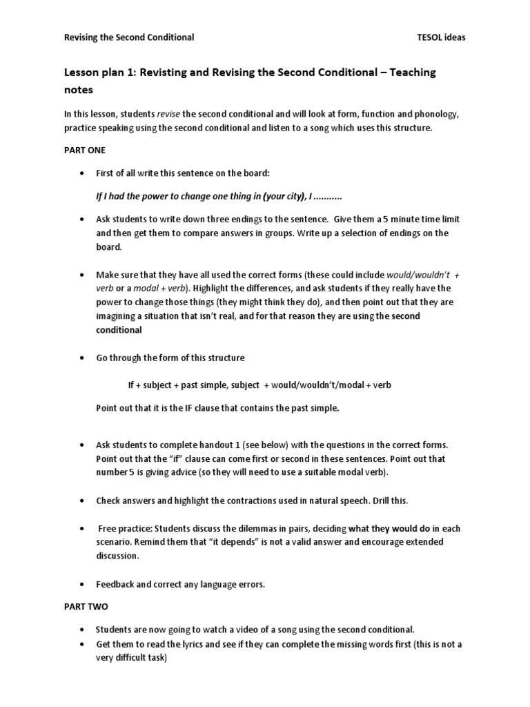Lesson Plan 1: Revisting and Revising The Second Conditional - Teaching ...