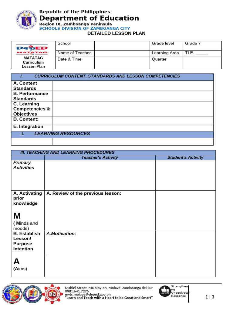 Tle 7 LP Template Matatag | PDF | Lesson Plan | Curriculum