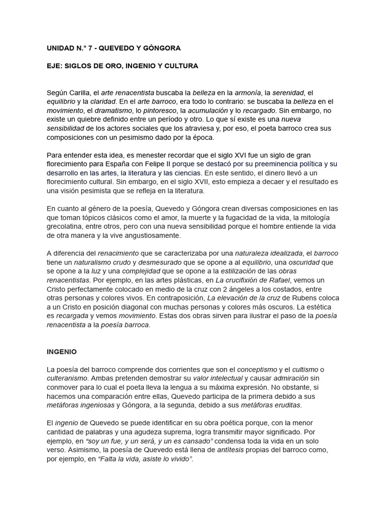 Unidad N.° 7 - Quevedo y Góngora | PDF | Barroco | Poesía