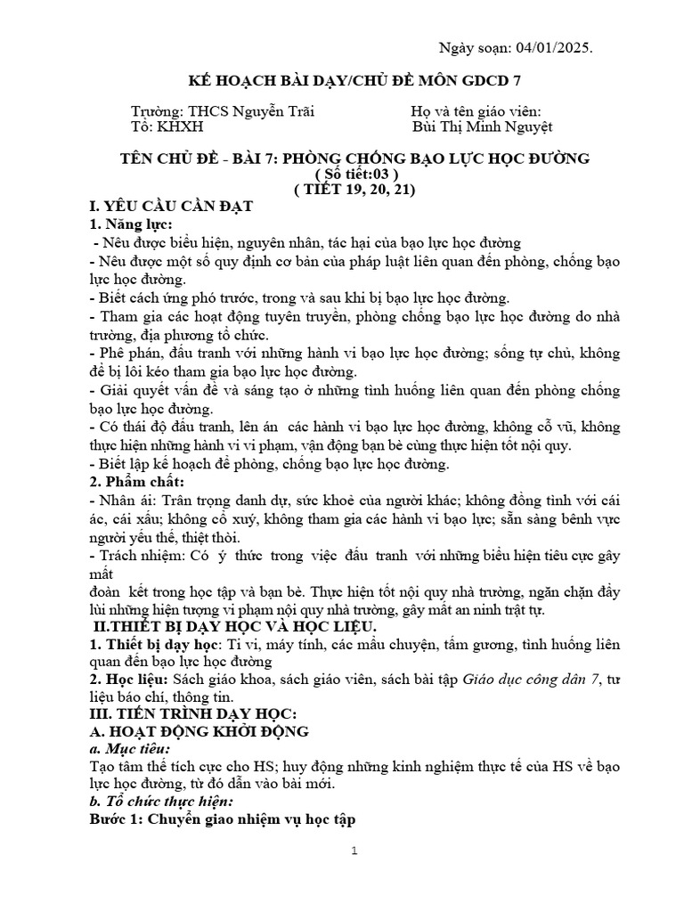 GDCD 7 TIẾT 19, 20, 21. BÀI 7. PHÒNG CHỐNG BẠO LỰC HỌC ĐƯỜNG | PDF